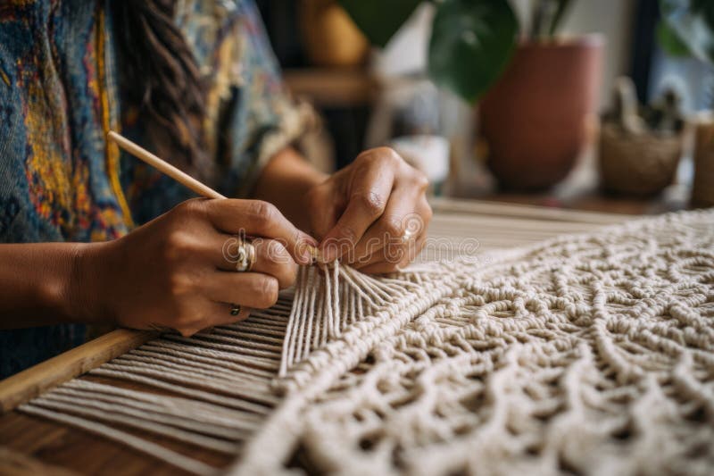 Hands of a Skilled Artisan Working on Macrame Design with a Wooden Stick. the Workspace Features ...