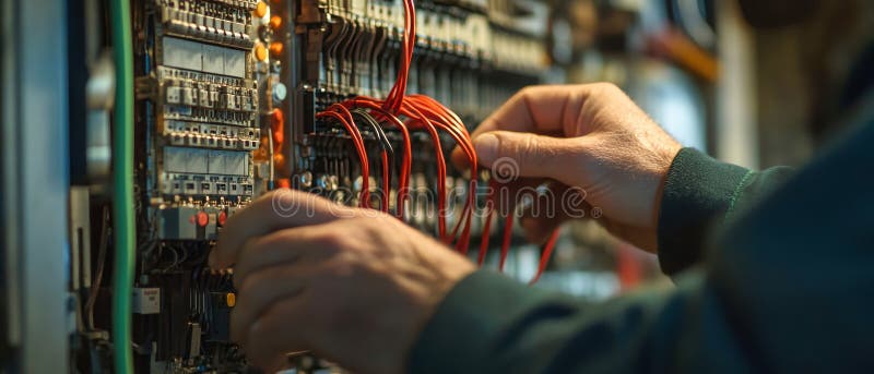 Hands Skillfully Adjusting Wires in an Intricate Electrical Panel ...