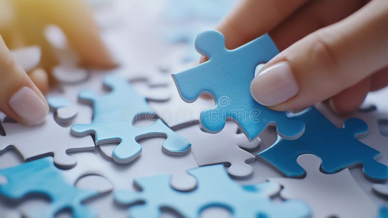 Hands Skillfully Arrange Vibrant Blue Pieces of a Jigsaw Puzzle ...
