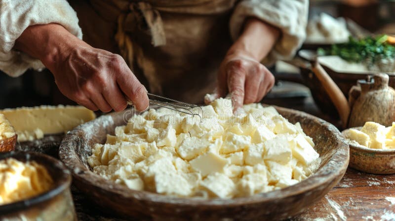 Hands Skillfully Cutting Fresh Cheese Curds in a Rustic Kitchen Setting ...