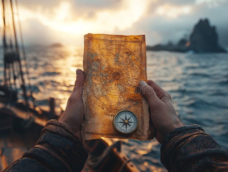 Hands Skillfully Hold Compass and Aged Map while Navigators Work on ...
