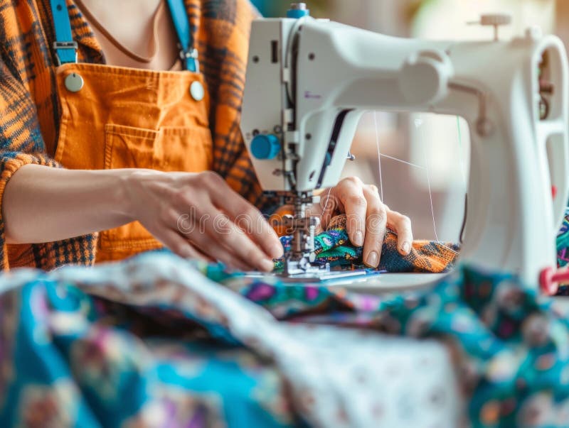 A Person Sewing Colorful Fabric Using a Sewing Machine in a Bright ...