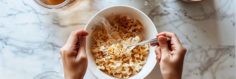 Engaging Hands Prepare Instant Noodles with Hot Water and Fork on a ...