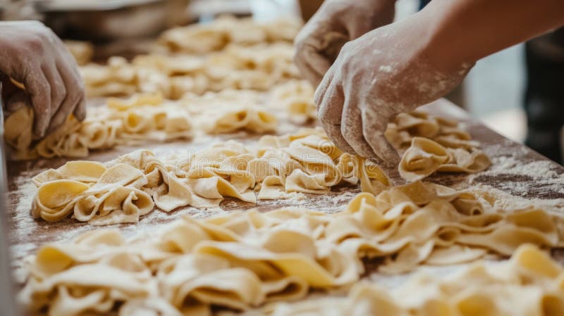 Hands Skillfully Prepare Fresh Pasta on Production Line in a Bustling ...