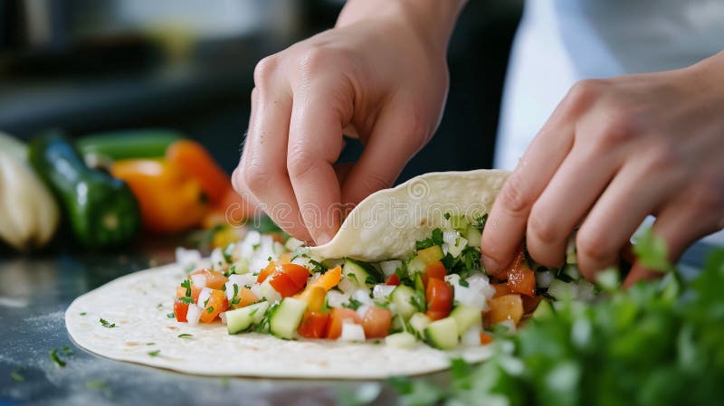 Hands are Skillfully Preparing a Vegetable Wrap, Folding a Soft ...