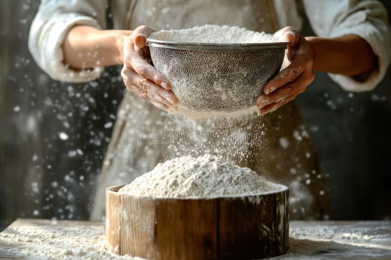 Baker Sieving Flour into a Wooden Bowl in a Rustic Kitchen during the ...