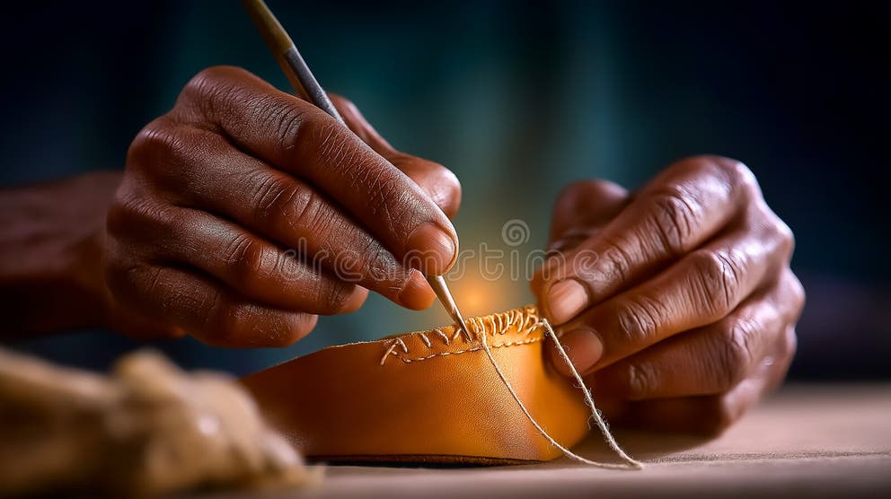 Hands Skillfully Stitch Leather Piece Using Needle and Thread. Warm ...