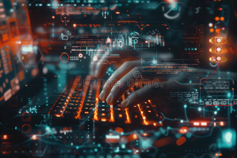 Hands Skillfully Type on a Keyboard, Surrounded by an Array of Dynamic Digital Symbols and Code ...