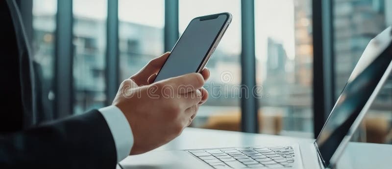 Hands-on with Smart Phone at Work Parallel To Laptop Stock Image ...