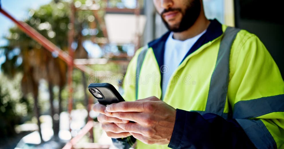 Hands, Smartphone and Construction Site with Texting, Person or Contact ...