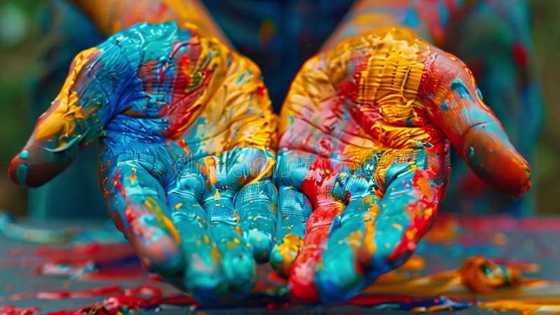 Hands Smeared with Paint, Creating a Vivid Contrast with a Bright ...