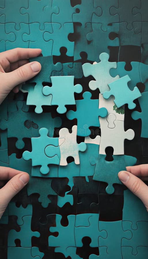 Hands Solving Blue Puzzle with Missing Pieces for Problem Solving and ...