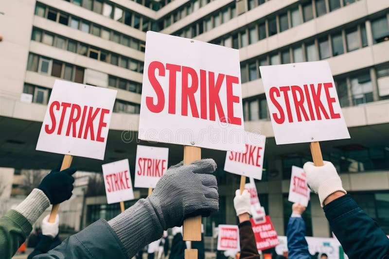 Demonstrators with Gloved Hands Holding on Strike Signs Outside ...