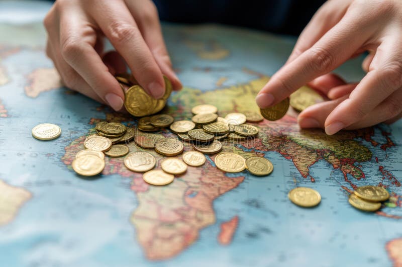 Hands Sorting Coins on a World Map Showing Various Continents and ...