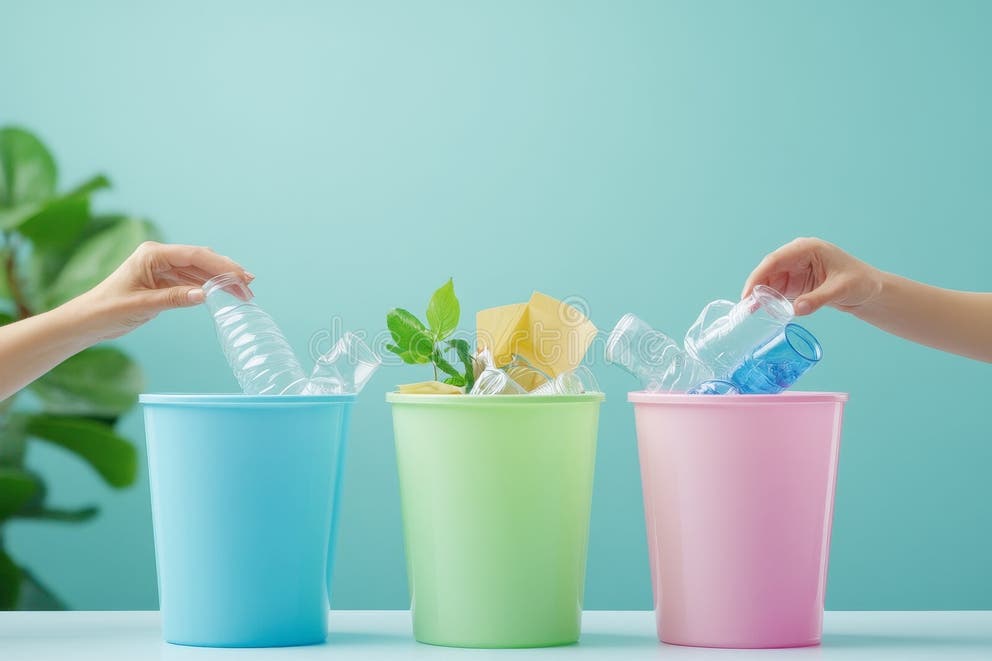 Hands Sorting Different Types of Recycling Materials into Distinct Bins ...