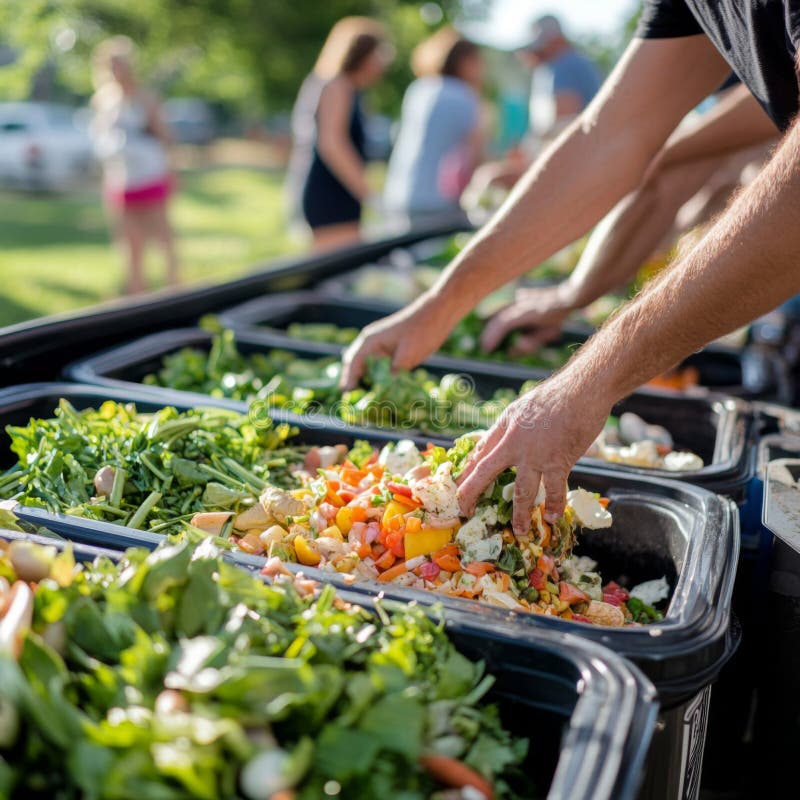 Hands Sorting Food Waste into Black Recycling Bins Stock Illustration ...