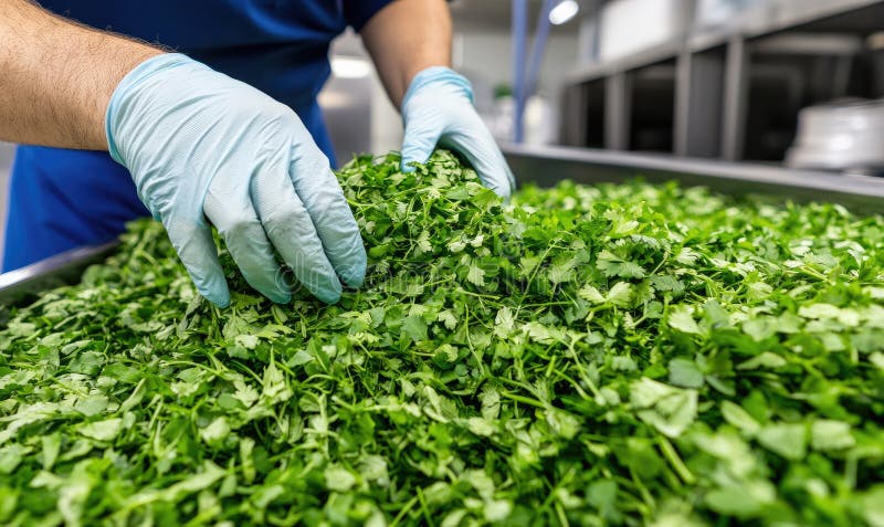 Hands Sorting Fresh Herbs in a Clean Kitchen Environment Stock ...