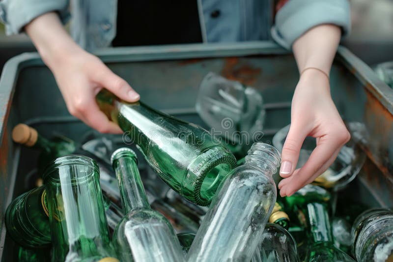 Hands Sorting Glass Bottles into a Recycling Bin. Environmental ...