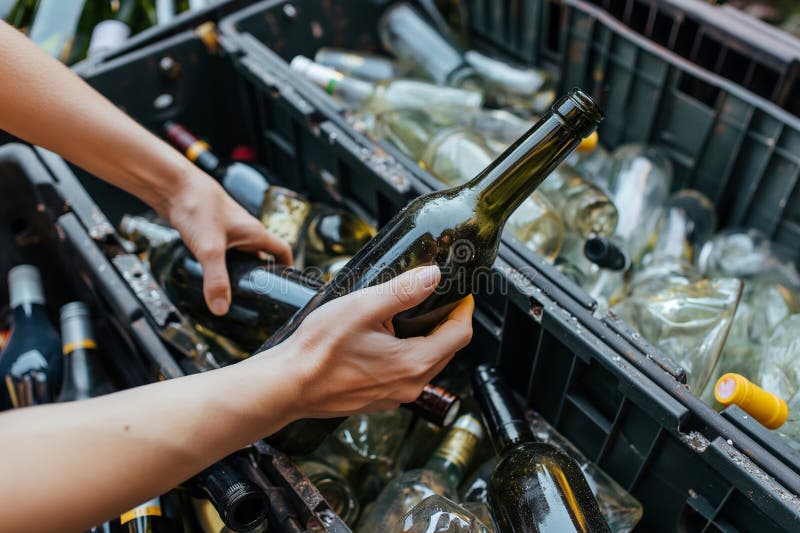 Hands Sorting Glass Bottles into a Recycling Bin. Environmental ...