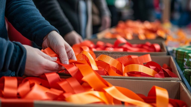 Hands Sorting Orange and Red Ribbons in Boxes Stock Illustration ...