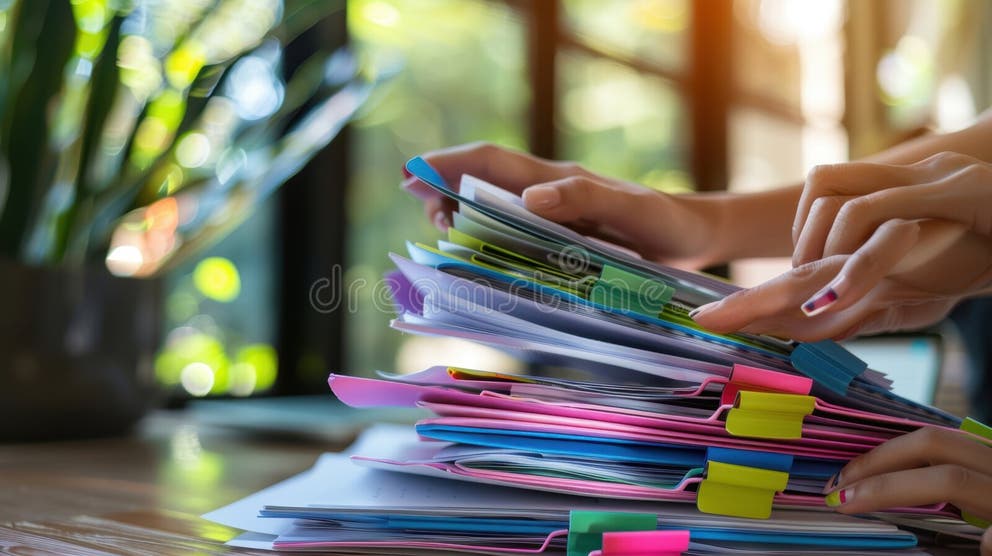 Hands Organizing Colorful Documents.AI Generated Image Stock Photo ...