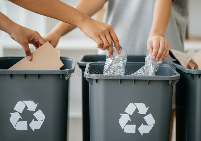 Hands Sorting Plastic Paper Waste Blue Recycling Bins Stock Photos ...