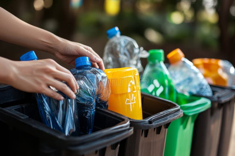Hands Sorting Recyclables into Labeled Bins, Eco-Friendly Theme Stock ...