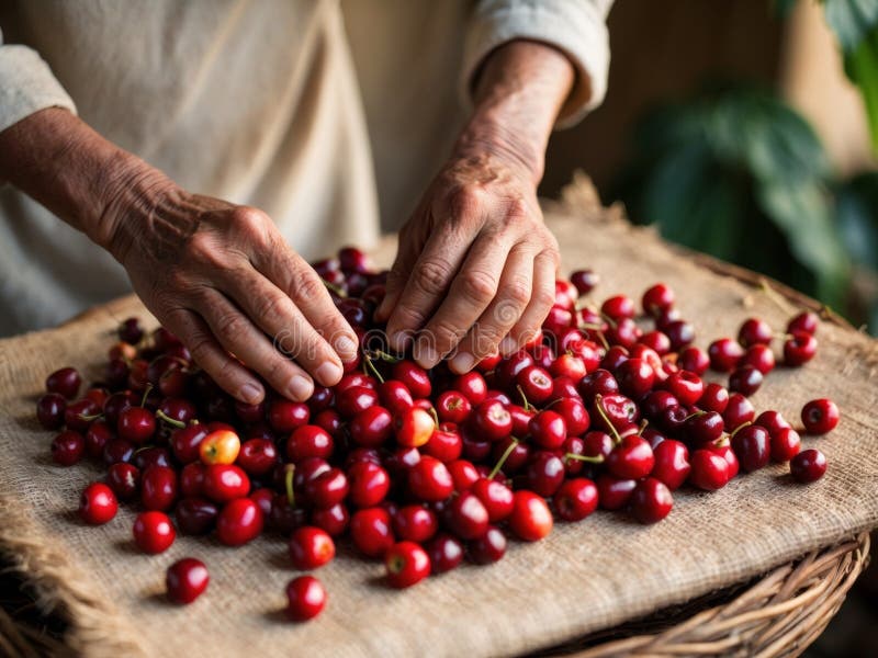 Hands Sorting Ripe Coffee Cherries on Farm. Stock Photo - Image of ...