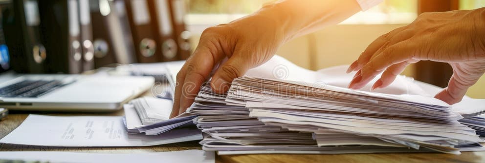 Hands Sorting through a Stack of Documents on a Desk. Business ...