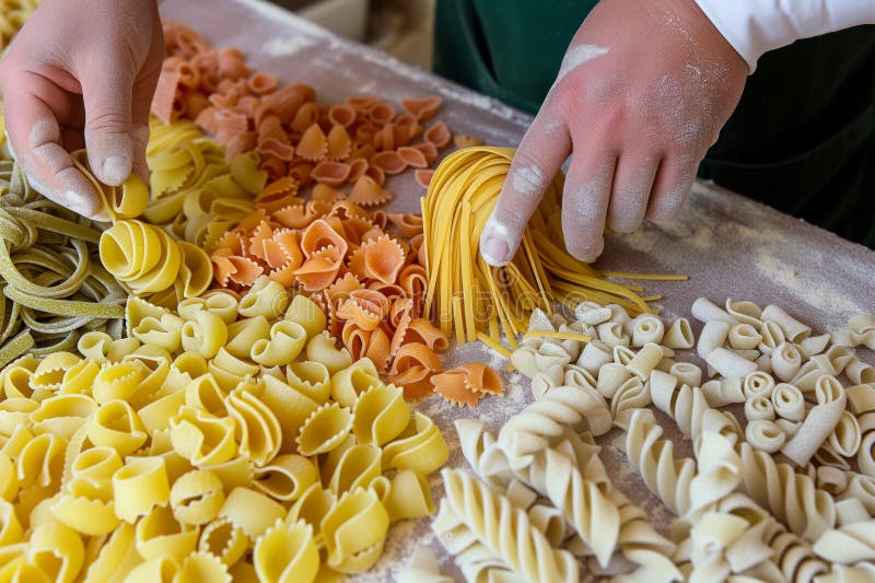 Hands Sorting a Variety of Raw Pasta Shapes on a Table Stock Image ...