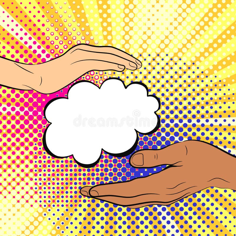 Hands and Speech Bubble on Pop Art Background. Hands of Man and Woman ...