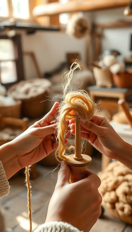 Hands Spinning Wool on Spindle Traditional Craft in Workshop Setting ...