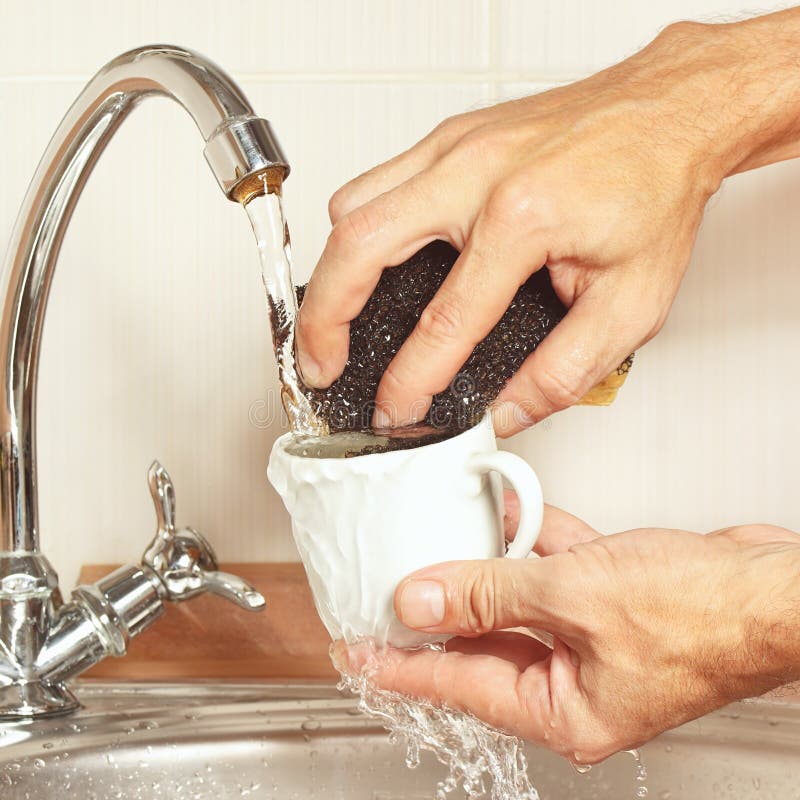 Hands with Sponge Wash the Cup Under Running Water in Kitchen Stock ...