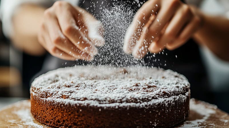 Hands Sprinkle Powdered Sugar Over a Round Chocolate Cake, Creating a ...