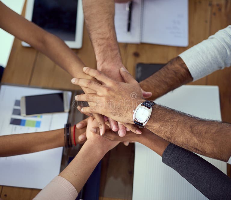 Hands Stack, Group and Collaboration at Desk with Documents, Diversity ...