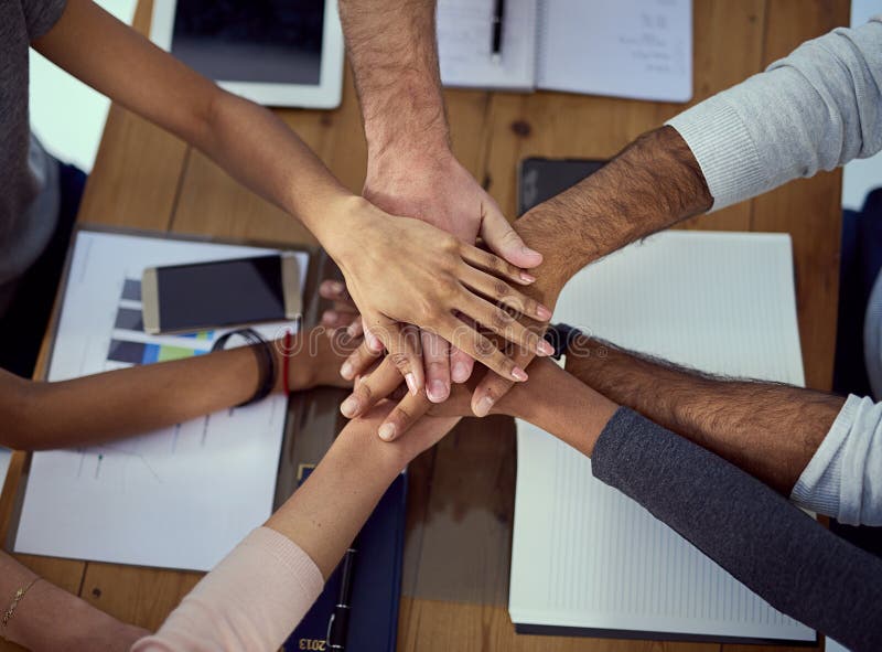 Hands Stack, Group and Support at Desk with Documents, Diversity and Ux ...
