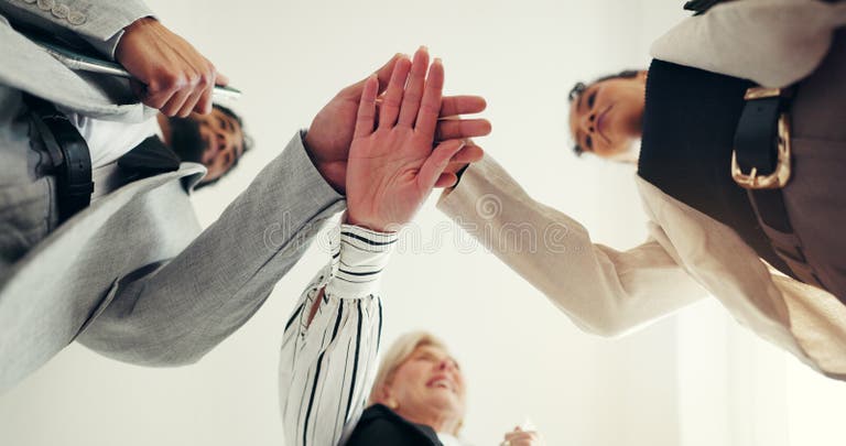 Hands Stack, Low Angle and Business People at Office with Team ...