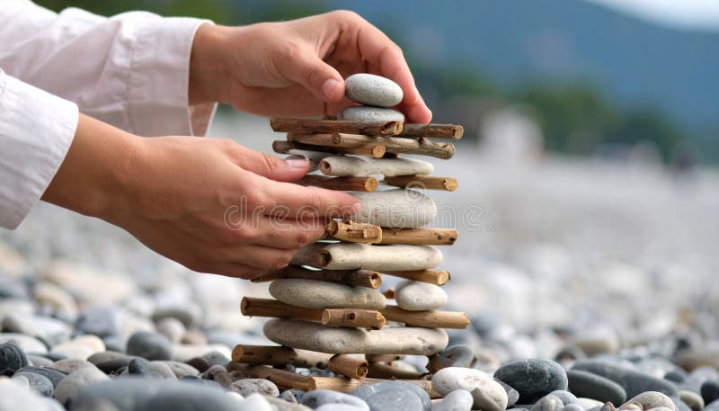 Building a Creative Stone Tower with Stock Photo - Image of nature ...