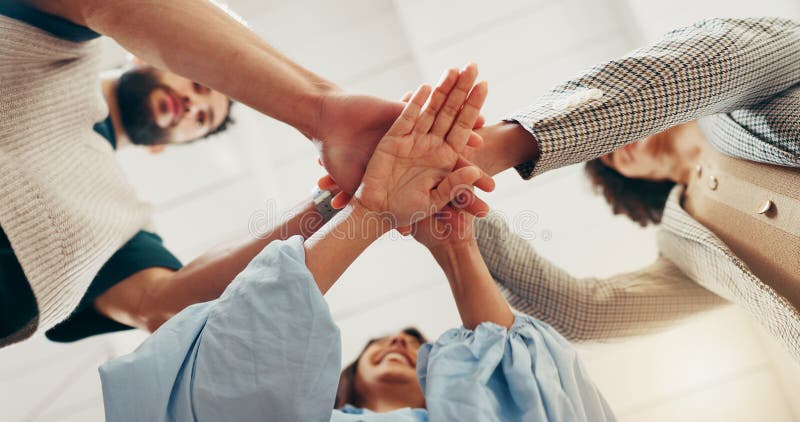 Hands, Stack and Team at Office with Low Angle, Support or Synergy with ...