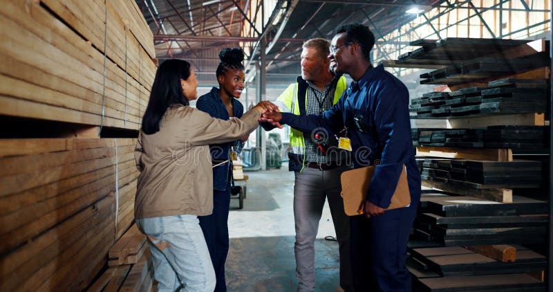 Hands Stack, Teamwork and Business People in Warehouse for Construction ...