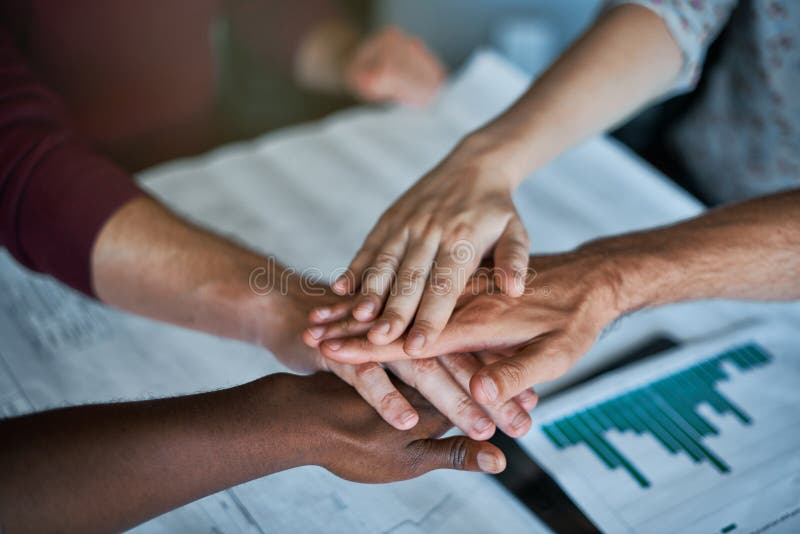 Hands, Stack and Teamwork in Office with Graphs, Paperwork and Support ...