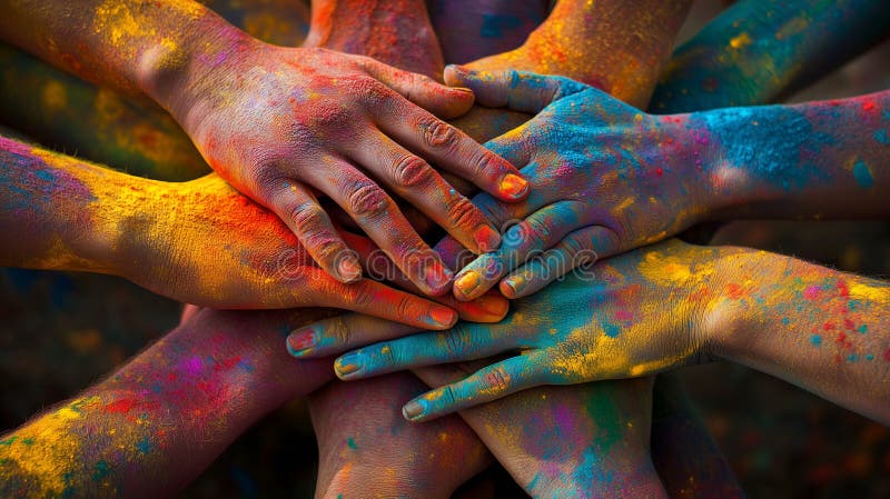 Hands Stacked Together Covered in Holi Powder, Symbolizing Unity and ...