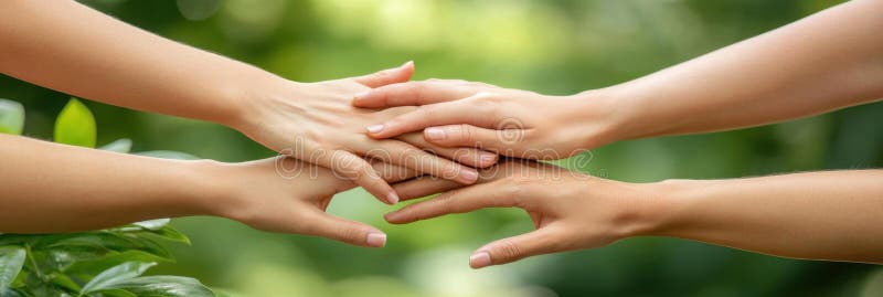 Hands Stacked Together Show Teamwork, Success and Unity with Greenery ...
