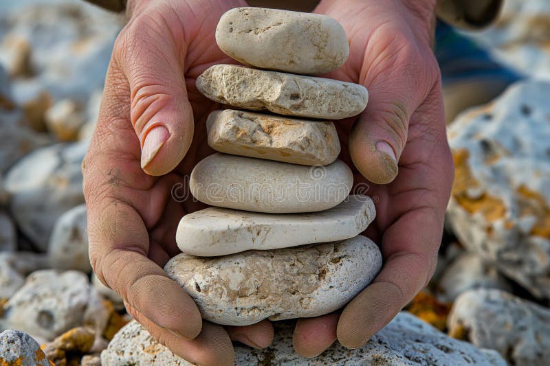 Hands Stacking a Balanced Pile of White Stones in an Outdoor Rocky ...