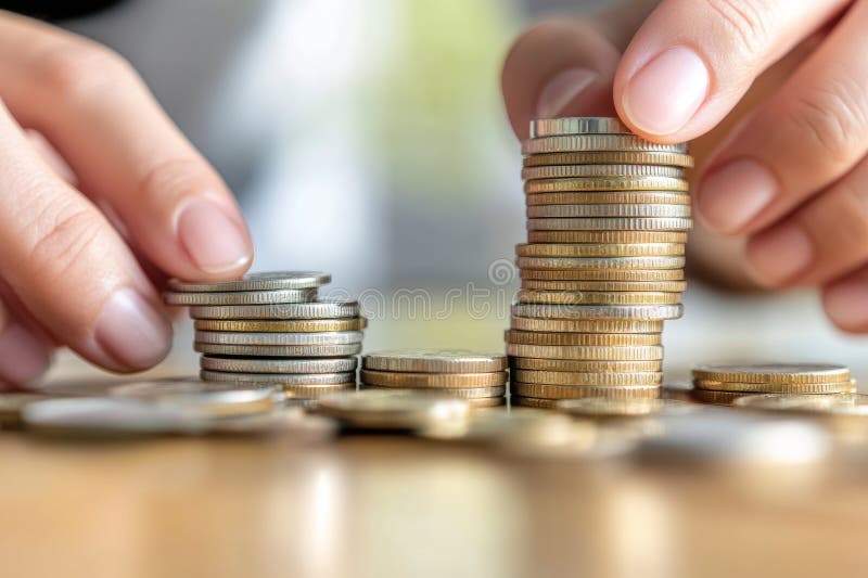 Hands are Stacking Coins Vertically on a Wooden Table, Creating Neat ...