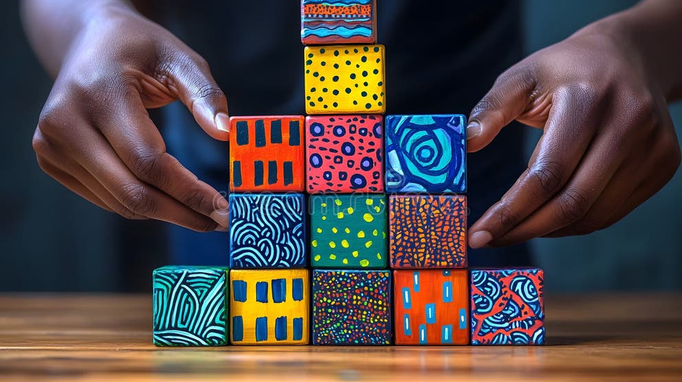 Hands Stacking Colorful Blocks in Realistic Setting Stock Illustration ...