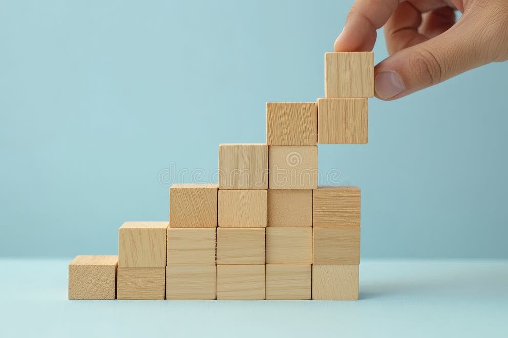 Hands Stacking Wooden Blocks into a Chart or Ladder To Represent ...