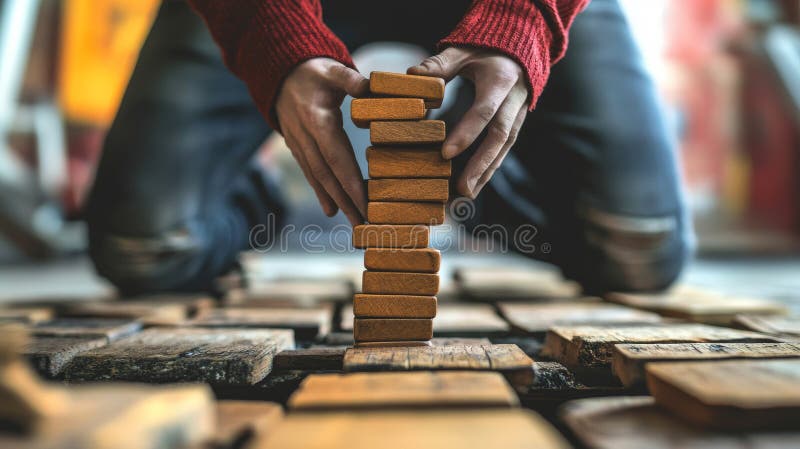Hands Stacking Wooden Blocks To Create a Balanced Tower Structure Stock ...