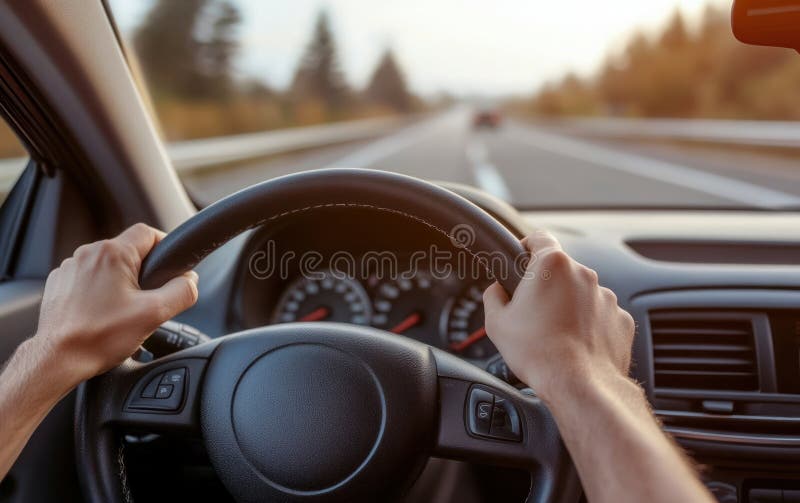 Hands on the Steering Wheel of a Car while Driving on a Road at Sunset ...