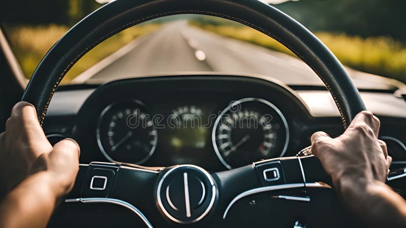 Hands on Steering Wheel and Windshield View on Empty Highway Zoom in ...